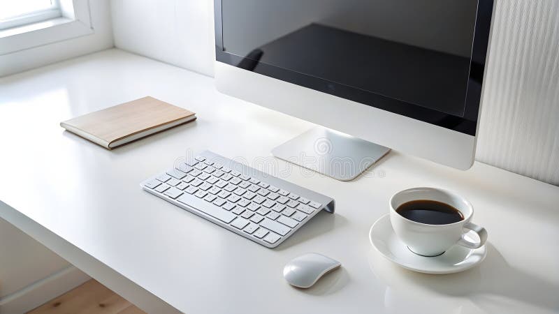 Office Desk with Computer, Coffee Cup, Notepad and Other Items Stock ...