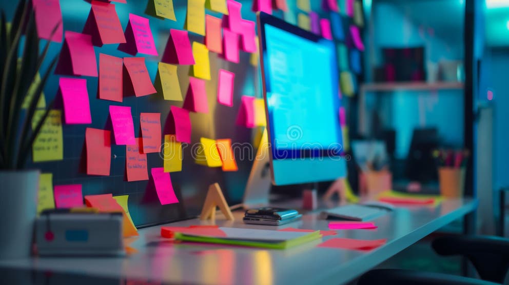 Office Desk with a Computer, Covered in Colorful Sticky Notes, Under ...
