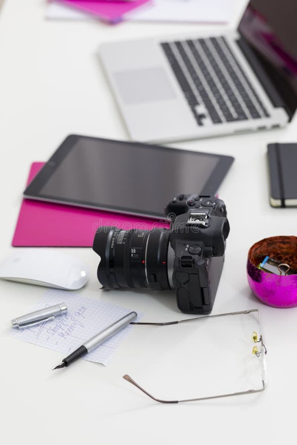 Office Desk with Computer and Camera Stock Image - Image of glasses ...