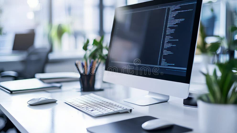 Office Desk with Computer Displaying Code. Modern Workplace with Tech, Workspace Setup for ...