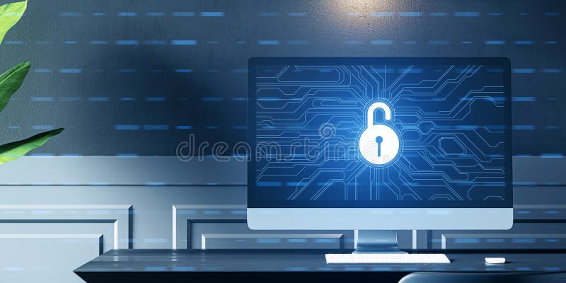 An Office Desk with a Computer Displaying a Lock Icon Over a Digital ...