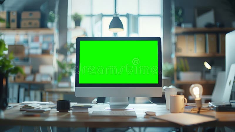 Office Desk with Computer Green Screen. Stock Image - Image of green ...