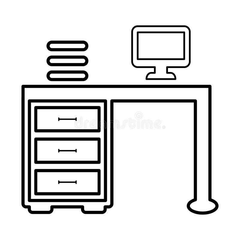 Office Desk with Computer Icon in Line Style Stock Vector ...