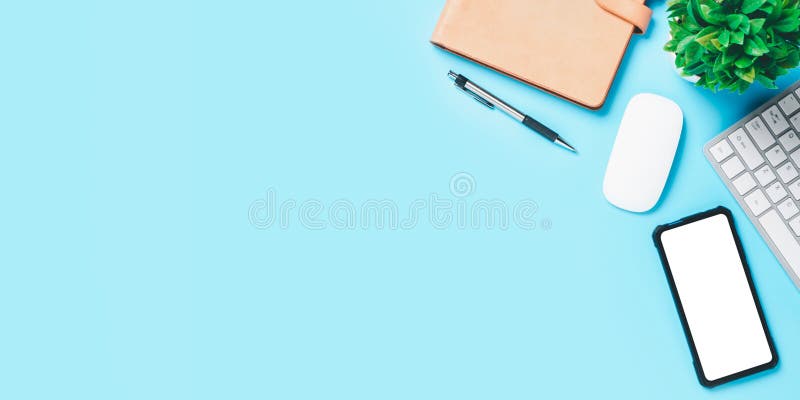 Office Desk with Computer Keyboard, Blank Screen Smart Phone, Mouse ...