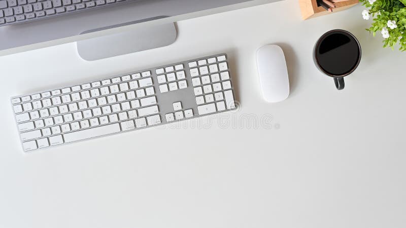 Office Desk Computer, Keyboard, Mouse and Coffee on White Table Stock ...
