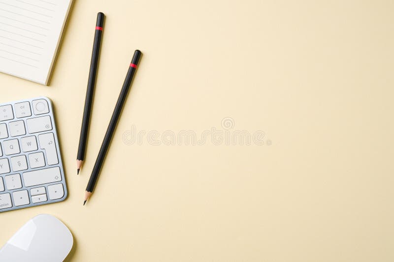 Office Desk with Computer Keyboard, Mouse, Notebook and Pen. Top View ...