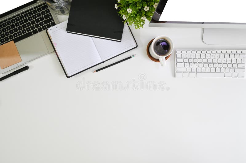 Office Desk Computer, Laptop, Coffee, Notebook with Pen on Above Table ...
