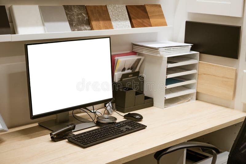Office Desk with Computer, Mock Up Stock Image - Image of office ...
