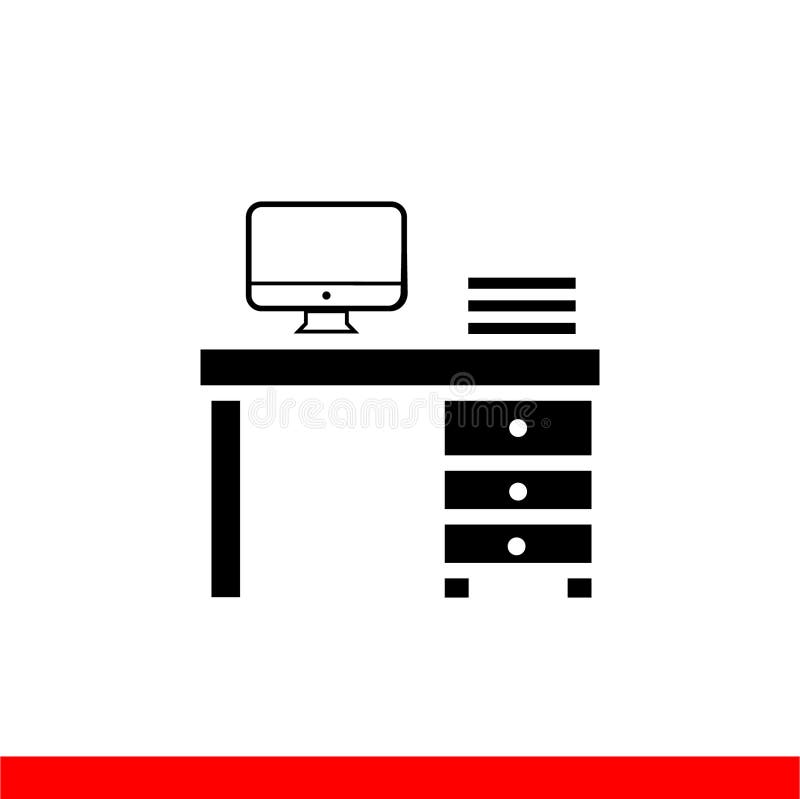 Office Desk with Computer and Papers, Line Icon Vector Stock ...