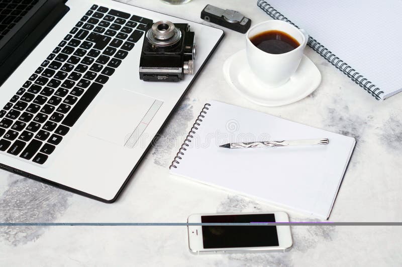 Office Desk with Computer, Phone, Camera, Cup of Coffee and Peony ...
