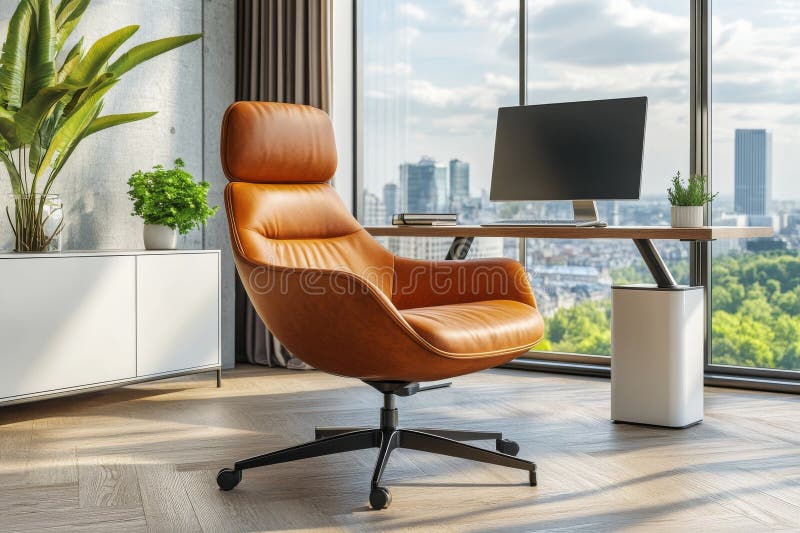 An Office Desk with a Computer, Placed Near a Wide Window Overlooking ...