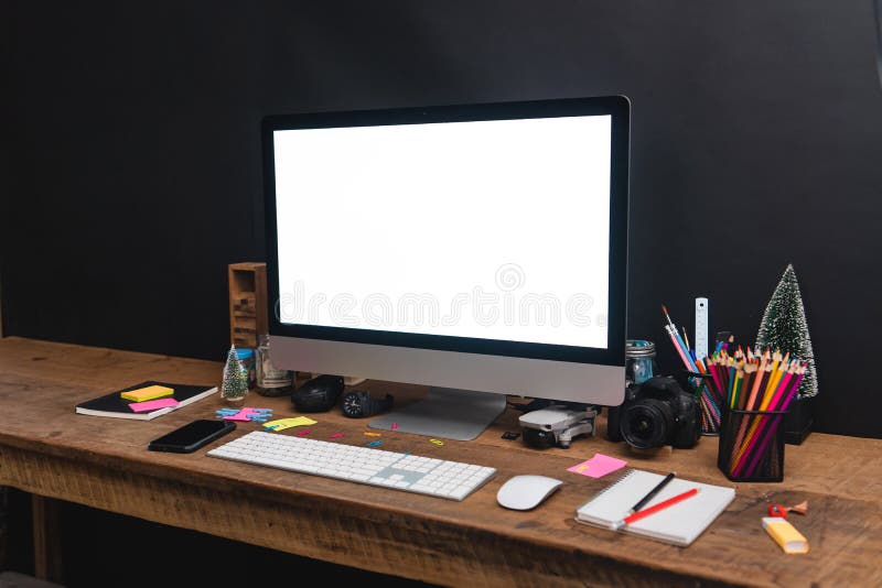 Office Desk and Computer and Stationary Equipment Computer Mockup Stock ...