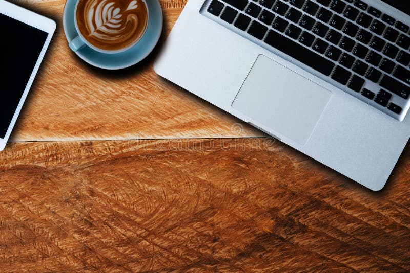 Office Desk with Computer and Supplies. Table Top View with Space for ...