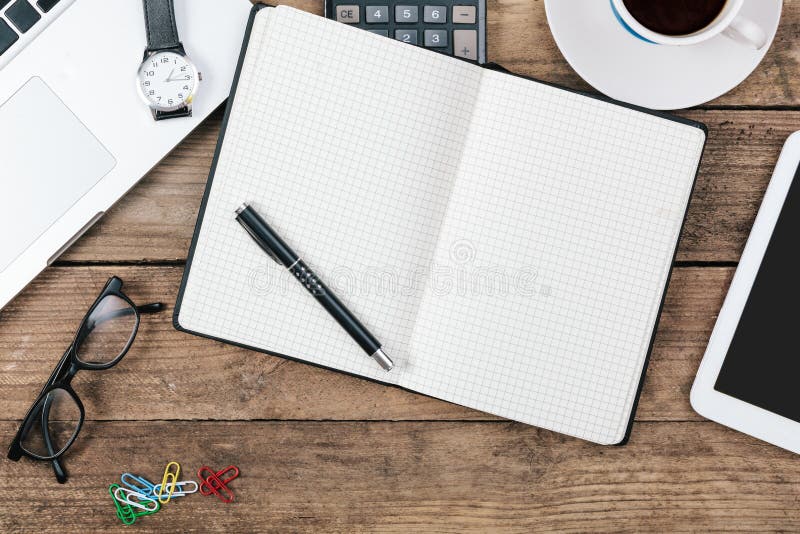 Office Desk with Computer Technology, High Angle Stock Photo - Image of ...