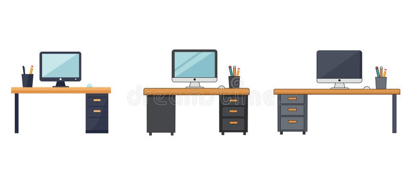 Office Desk with Computer Vector Illustration Set Stock Vector ...