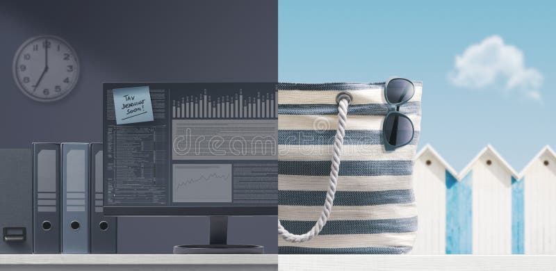 Office Desk with Computer Vs Beach Bag with Accessories Stock Image ...