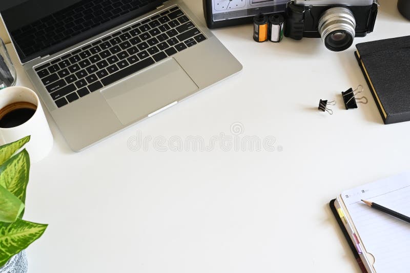 Office Desk with a Creative Device and Gadget on White Table Stock ...