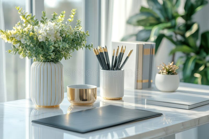 Office Desk Decor, Chic Gold-accented Desk Organizer on White Marble ...