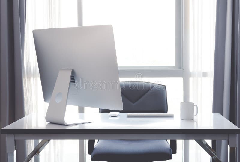 Office Desk with Desktop Computer, Cup of Coffee and Office Equi Stock ...