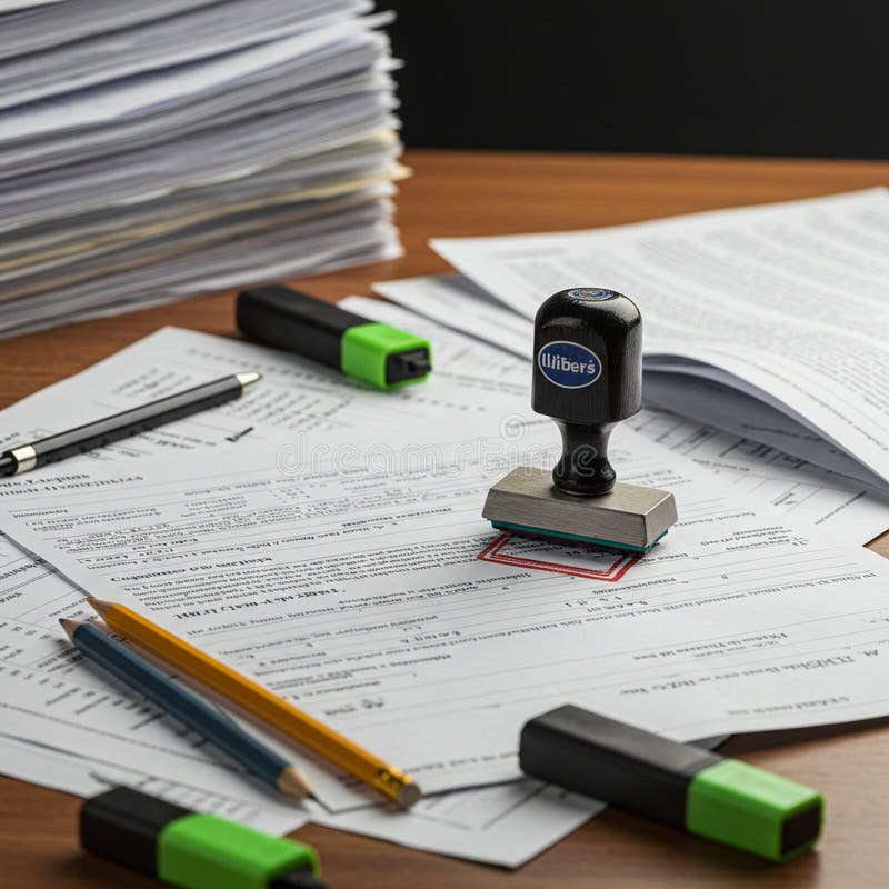 Office Desk with Documents, a Rubber Stamp, Two Highlighters with Green ...