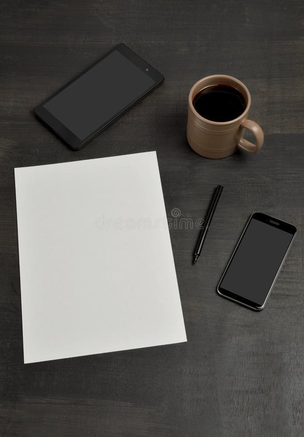 Office Desk, Empty Note Paper, Digital Tablet and Smart Phone Screens ...