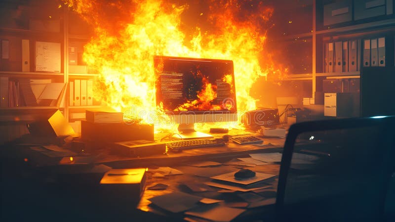 Office Desk Engulfed in Flames with Computer Fire in Chaotic Workspace ...