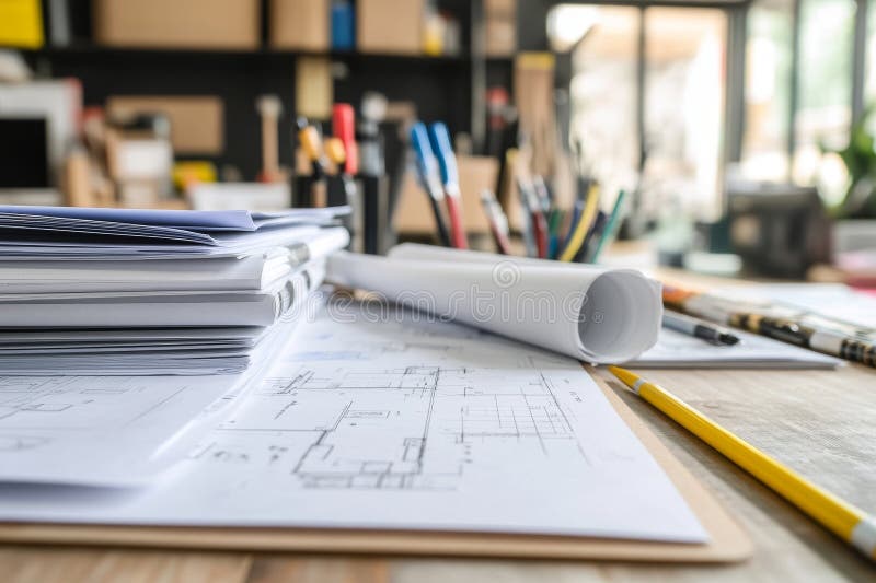 An Office Desk Featuring a Stack of Blueprints and Architectural ...