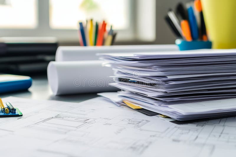 An Office Desk Featuring a Stack of Blueprints and Architectural ...