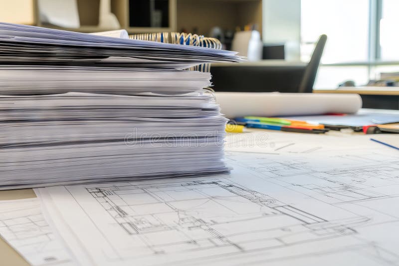 An Office Desk Featuring a Stack of Blueprints and Architectural ...