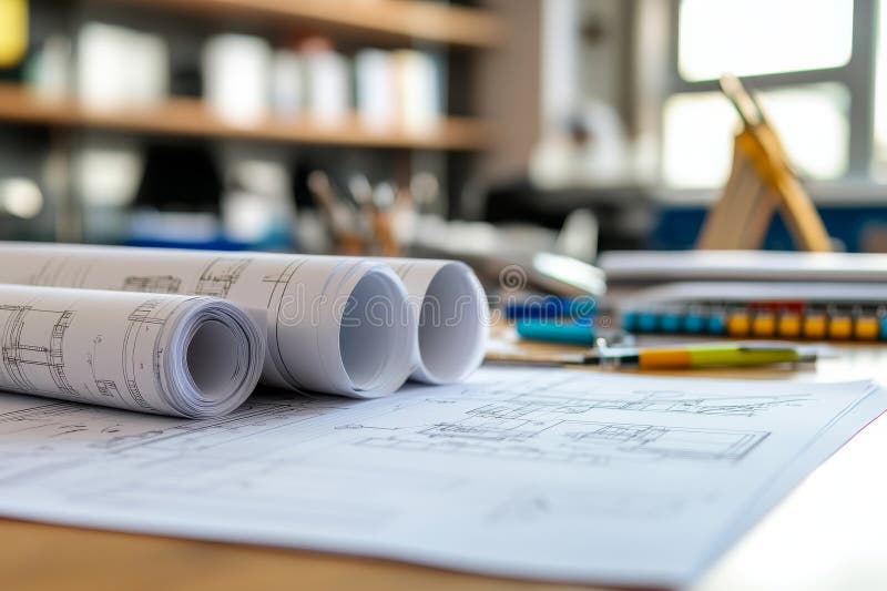 An Office Desk Featuring a Stack of Blueprints and Architectural ...