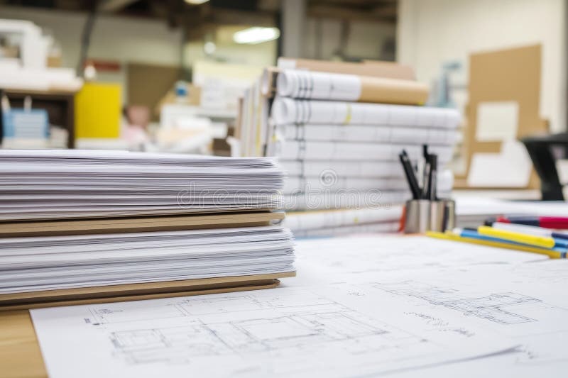 An Office Desk Featuring a Stack of Blueprints and Architectural ...