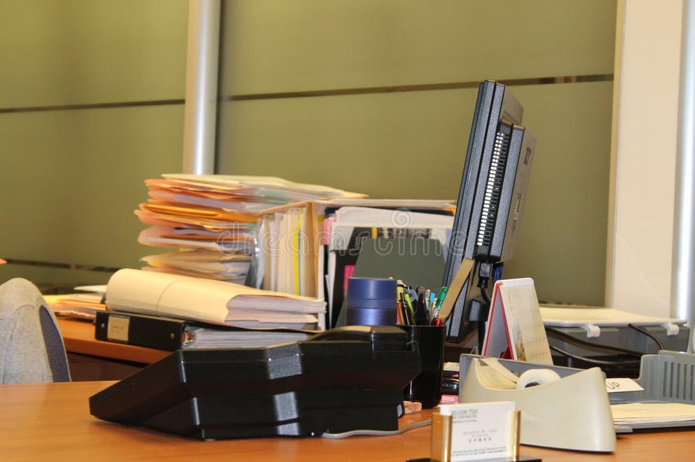 Office Desk with Files and Computer Stock Image - Image of objects ...