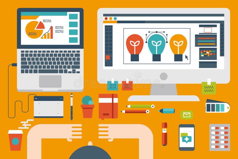 Flat Design Objects, Work Desk, Long Shadow, Office Desk, Computer and ...