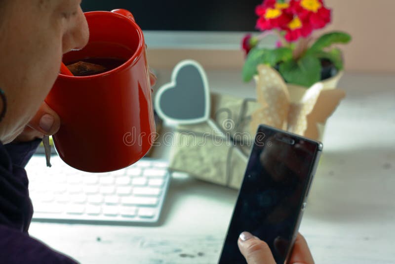 The Office Desk with Hot Drink, Computer Screen, Keyboard, Gift Box ...