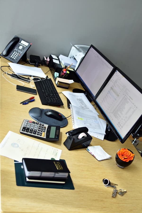 Office desk with items stock image. Image of modern - 158560355