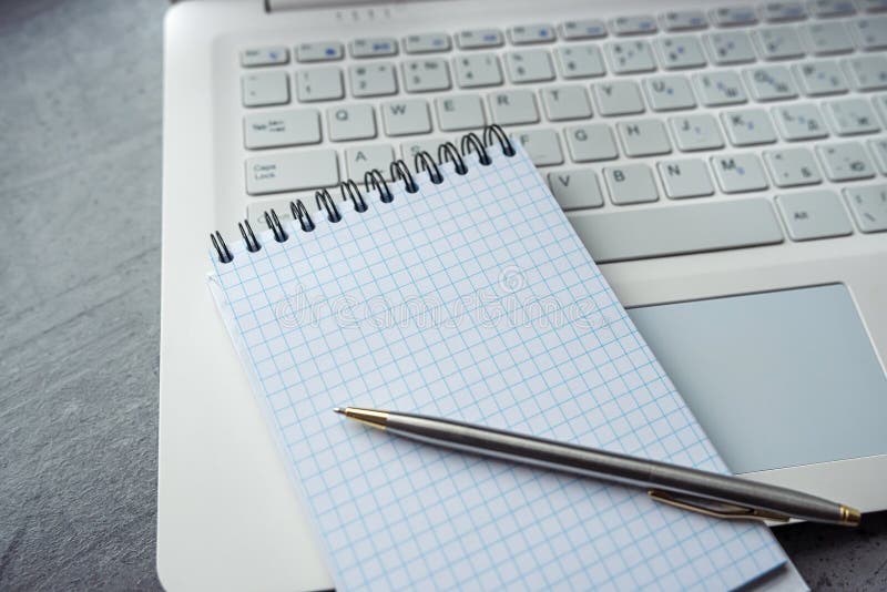 Office Desk Laptop Computer with Empty Blank Notebook Pen, Workplace at ...