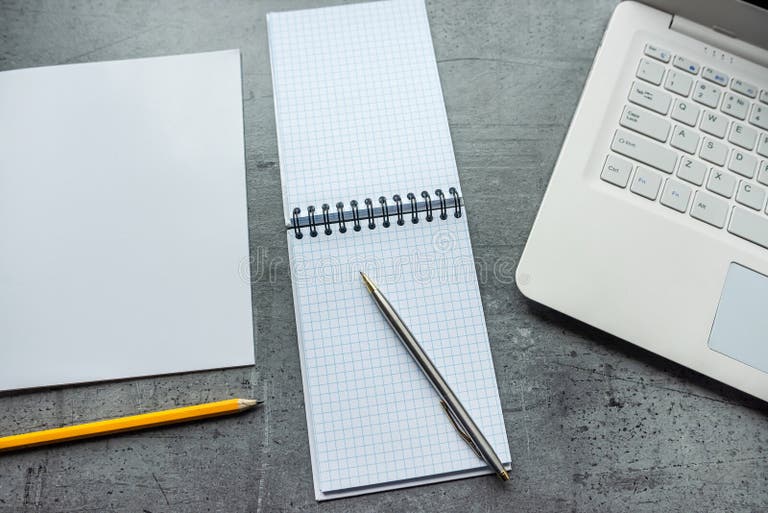 Office Desk Laptop Computer with Empty Blank Notebook Pen, Workplace at ...