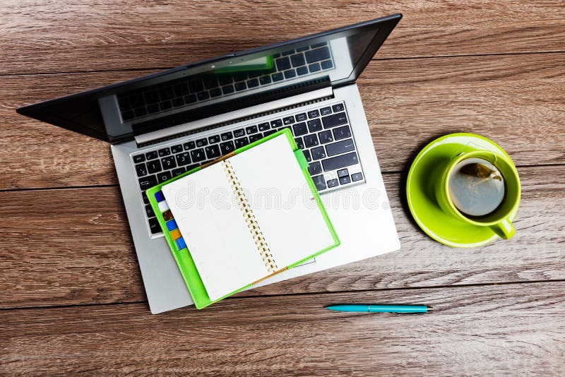 Office Desk with Laptop Computer, Planner Stock Image - Image of green ...