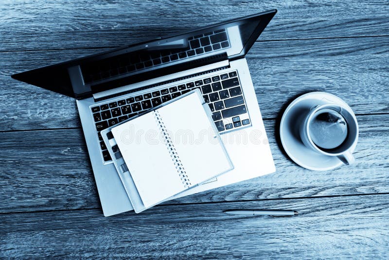 Office Desk with Laptop Computer, Planner, Cup of Tea Stock Image ...