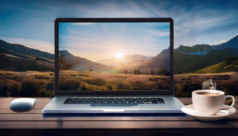Office Desk with Laptop Computer Screen and Coffee Cup Stock ...