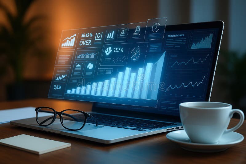 Office Desk with Laptop Displaying Growth Metrics and Visual Data for ...
