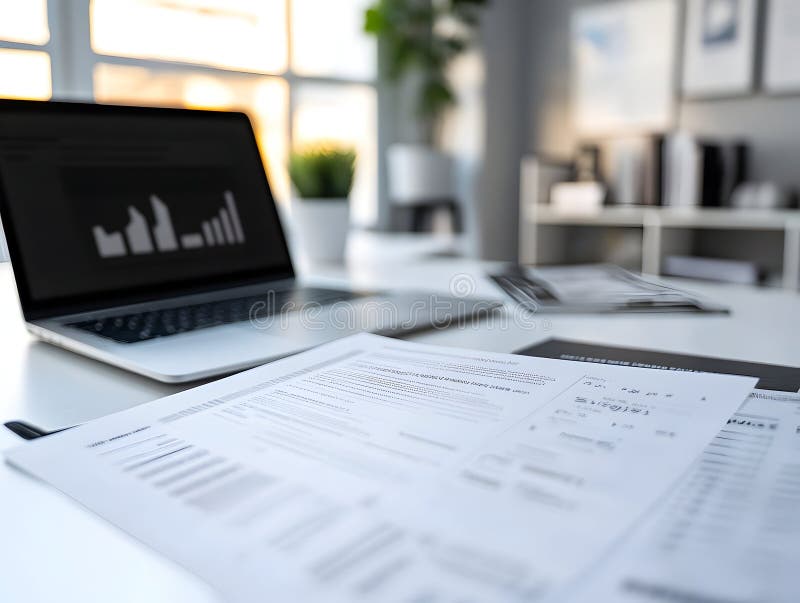 Office Desk with Laptop and Financial Documents in Focused Workspace ...