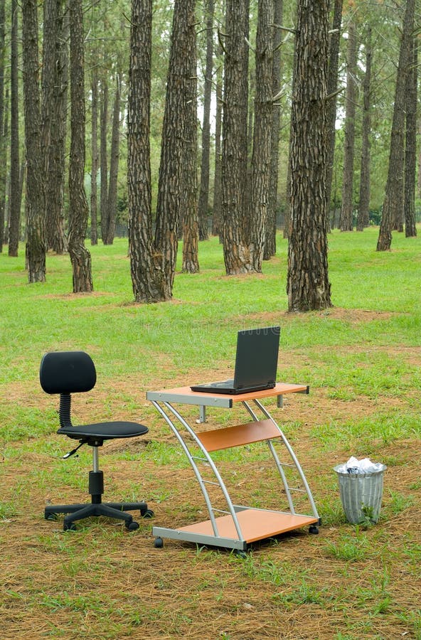 Office Desk and Laptop in Forest Stock Image - Image of computer, chair ...