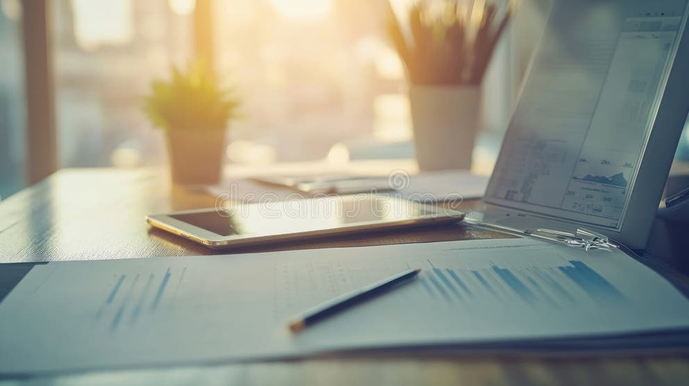 Office Desk with Laptop, Tablet, Documents, and Pencil, Sunlit Stock ...