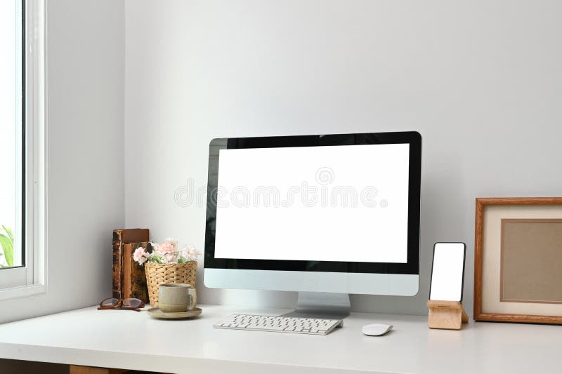 Office Desk with Mock Up Computer, Smart Phone Devices on White Table ...
