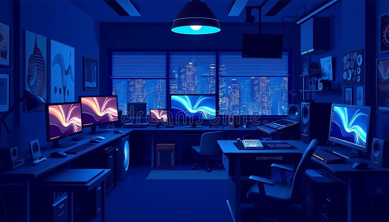 Office Desk Night View, Modern Workspace Setup Generative AI Stock ...
