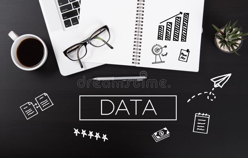 Office Desk with Notebook Computer and Wording Data. Stock Illustration ...