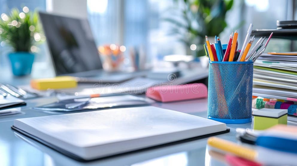 Office Desk with Notebook Pens and Papers Stock Illustration ...
