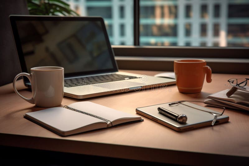Office Desk with a Notepad Coffee and Computer Stock Illustration ...
