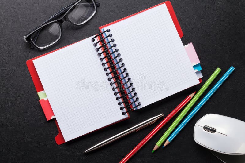 Office Desk with Notepad and Supplies Stock Photo - Image of space ...